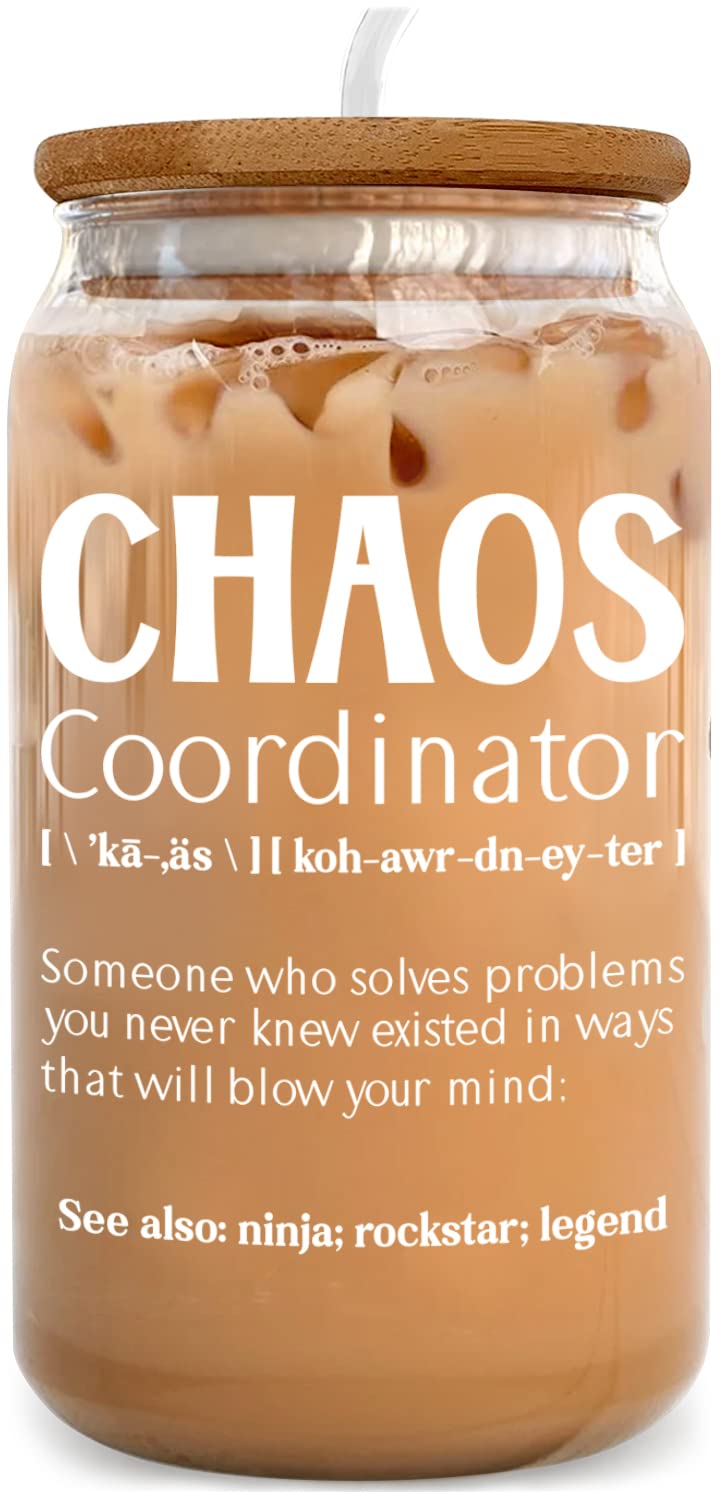 9CLEVER Chaos Coordinator Glass Tumbler - Thank You Gift for Women Manager Office, Appreciation Gifts for Coworkers, Funny Gift for Boss Lady Teacher Nurse Mother 16 Oz Cup