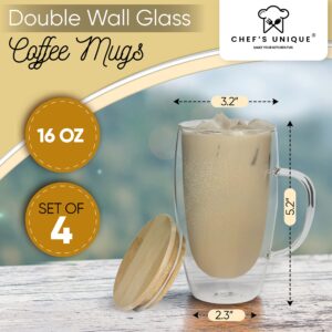 CHEF'S UNIQUE Double Wall Glass Coffee Mugs 16 Oz - Insulated Coffee Mugs With Lid, Clear Glass Cups For Coffee Tea Latte Cappuccino Espresso (set Of 4)