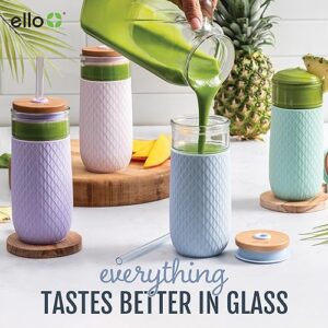 Ello Devon Glass Tumbler , Protective No Sweat Silicone Sleeve and Splash Proof Wooden Detail Lid with Straw, 18 oz