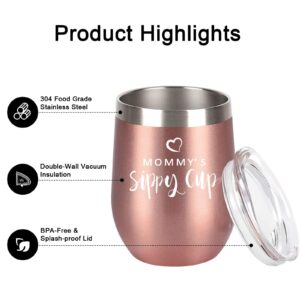 Mommy's Sippy Cup Wine Tumbler with Lid, Mom Birthday Christmas Gifts for Mom New Mom Mother Wife Women Mother's Day Thanksgiving Day, Insulated Stainless Steel Stemless Tumbler (12 Oz, Rose Gold)