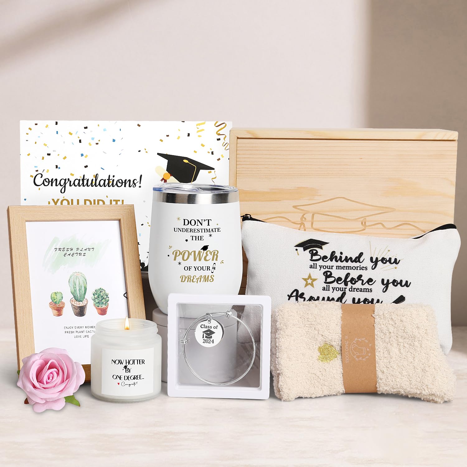 2024 Graduation Gifts,Congratulations Gifts for Her with 12 OZ Wine Tumbler,Candle,Frames,Keychain,Senior College Graduation Gifts for Daughter Son Niece Nephew,Personalized Makeup Bag for Friend