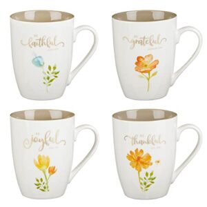 christian art gifts ceramic coffee or tea mug set for women, be grateful, faithful, thankful, joyful bible verse mug set, boxed set of 4 coffee cups