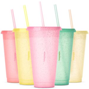 cups with lids and straws for adults - 5 glitter reusable cups with lids and straws in candy colors, 24 oz iced coffee & bulk party tumblers, plastic tumbler with lid and straw for water & smoothie