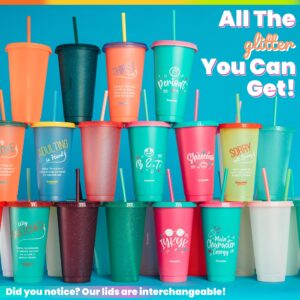 Cups with Lids and Straws for Adults - 5 Glitter Reusable Cups with Lids and Straws in Candy Colors, 24 oz Iced Coffee & Bulk Party Tumblers, Plastic Tumbler with Lid and Straw for Water & Smoothie