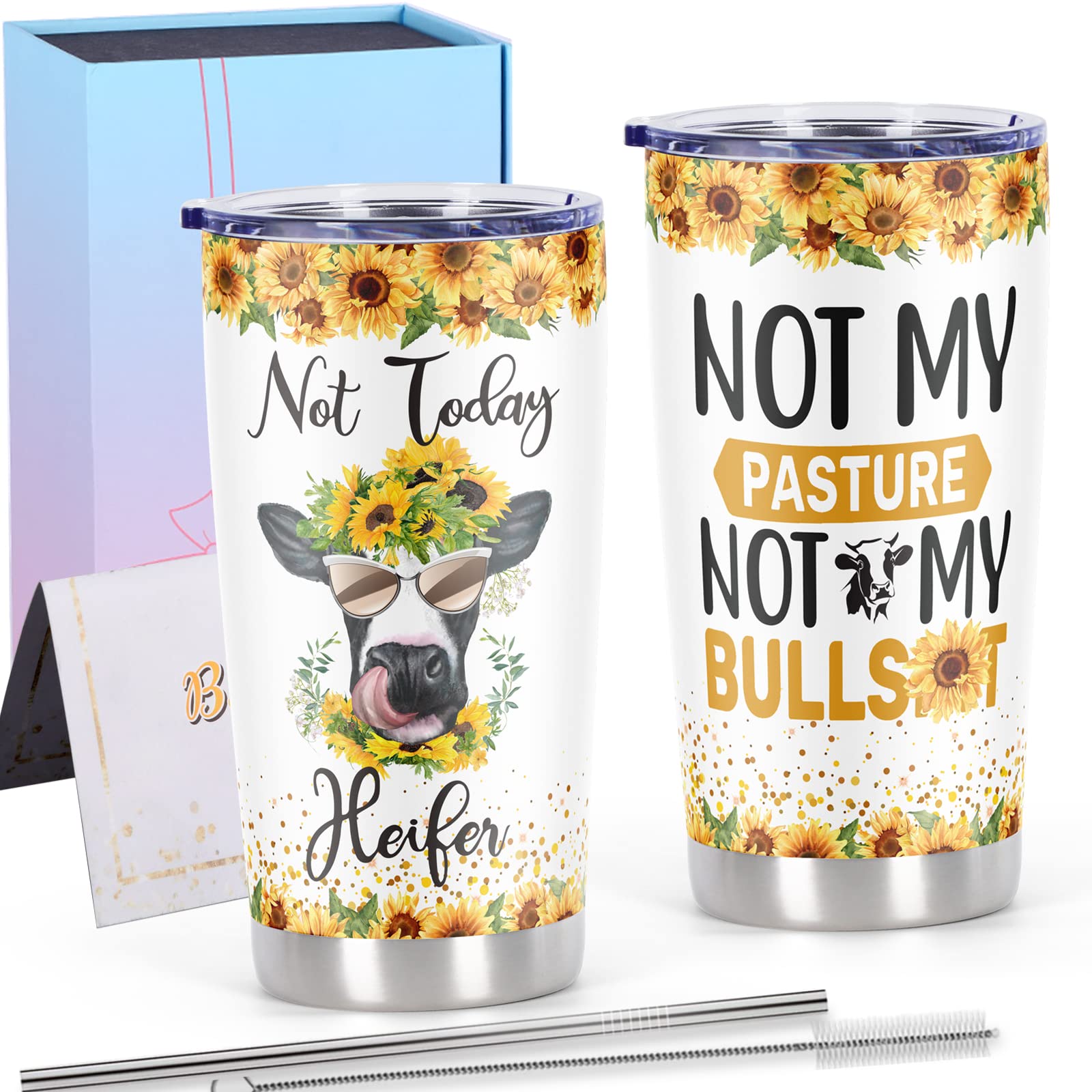 Cosictic Cow Lover Gift, Not Today Heifer Not My Pasture Not My Problem Travel Tumbler With Sunflower Cow, Gift For Heifer Cow Lover Farmer Life Lover