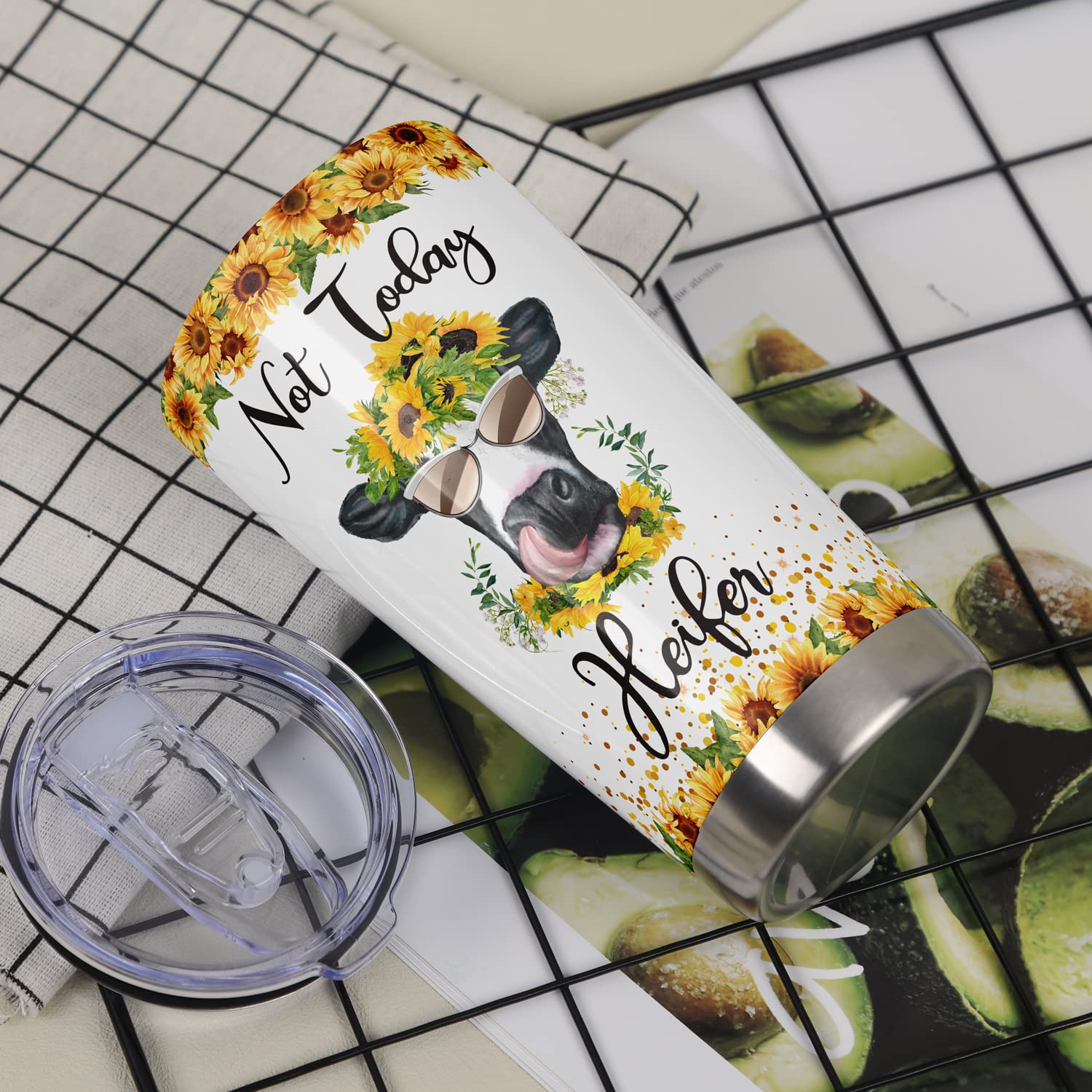 Cosictic Cow Lover Gift, Not Today Heifer Not My Pasture Not My Problem Travel Tumbler With Sunflower Cow, Gift For Heifer Cow Lover Farmer Life Lover