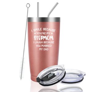 lifecapido stepmom gift, stepmom 20oz tumbler with lid and straw, i smile because you are my stepmom stainless steel travel tumbler, mother’s day gift birthday gift for stepmom bonus mom, rose gold