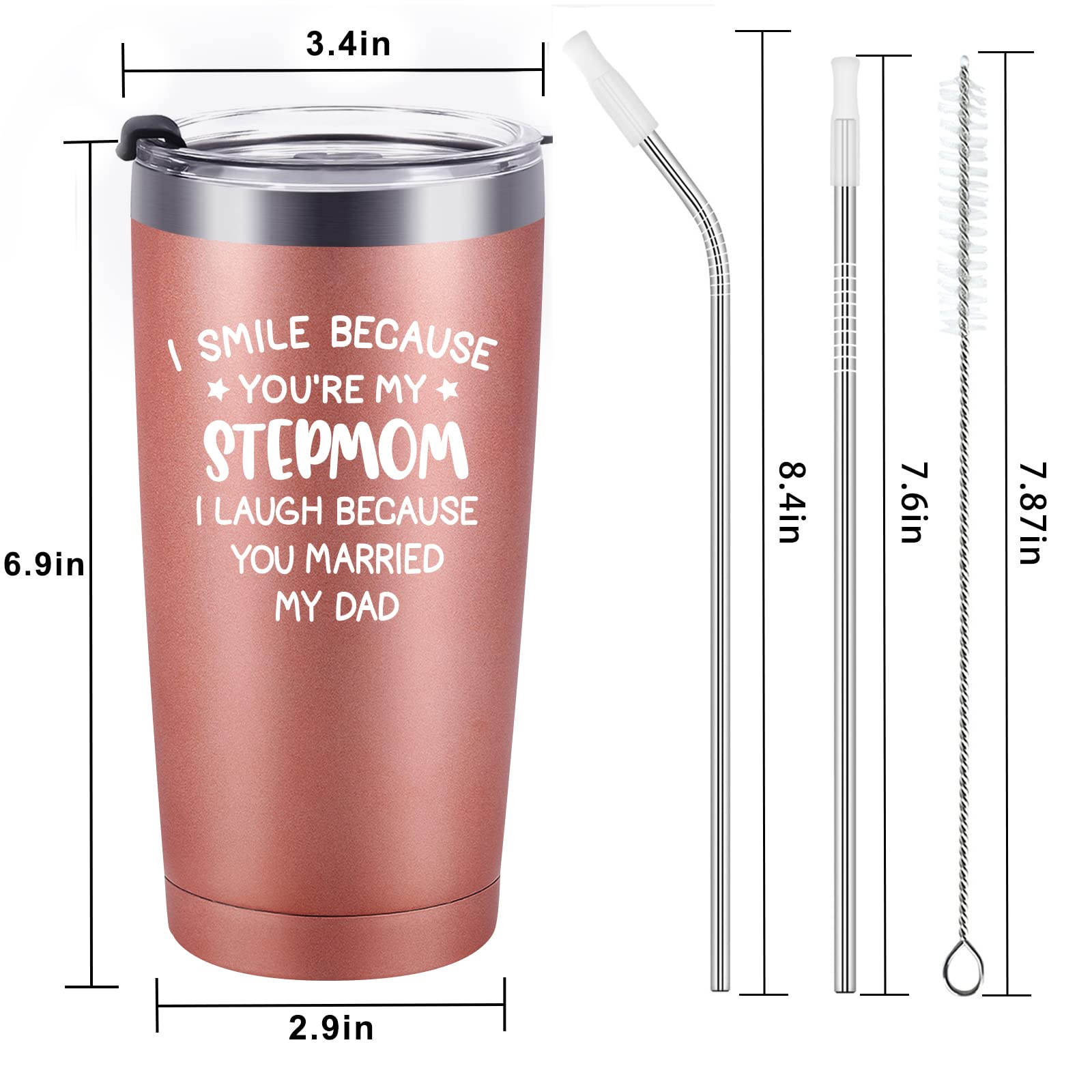 Lifecapido Stepmom Gift, Stepmom 20oz Tumbler with Lid and Straw, I Smile Because You Are My Stepmom Stainless Steel Travel Tumbler, Mother’s Day Gift Birthday Gift for Stepmom Bonus Mom, Rose Gold