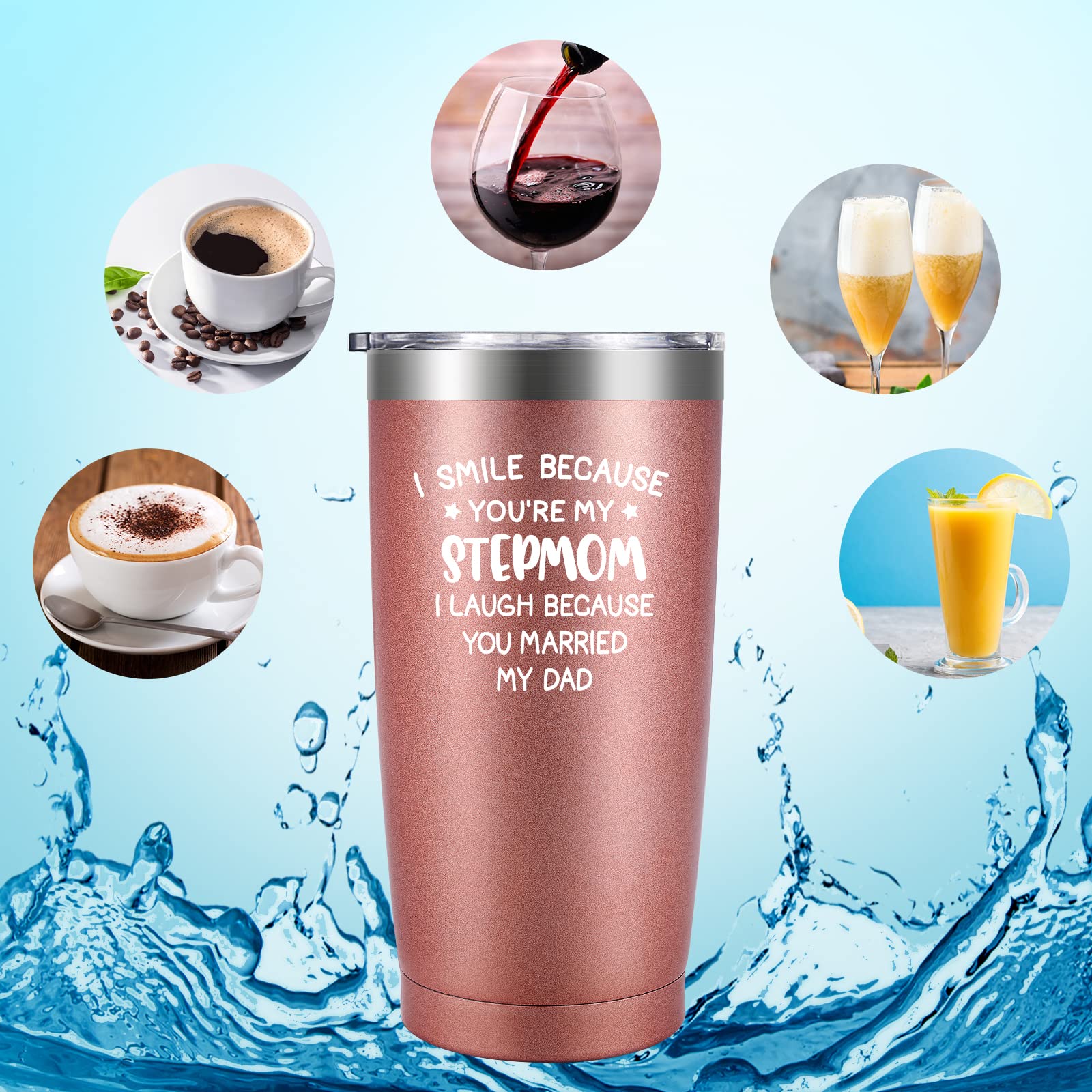 Lifecapido Stepmom Gift, Stepmom 20oz Tumbler with Lid and Straw, I Smile Because You Are My Stepmom Stainless Steel Travel Tumbler, Mother’s Day Gift Birthday Gift for Stepmom Bonus Mom, Rose Gold