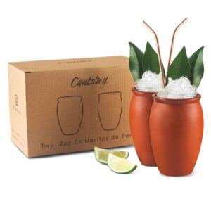 cantarey - 12oz clay cups for tequila, margaritas, mojitos and more, cantaritos de barro mexicanos, natural clay margarita glasses, taco tuesday tazas de barro, set of 2