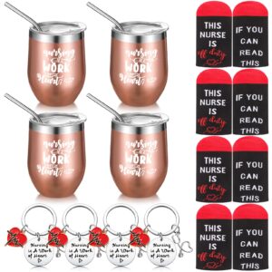 zubebe 12 pcs nurse appreciation gifts for women nurse week gifts include 4 nurse tumbler mugs 4 keychains 4 socks nurse practitioner gifts nurse graduation retirement gifts(rose gold)