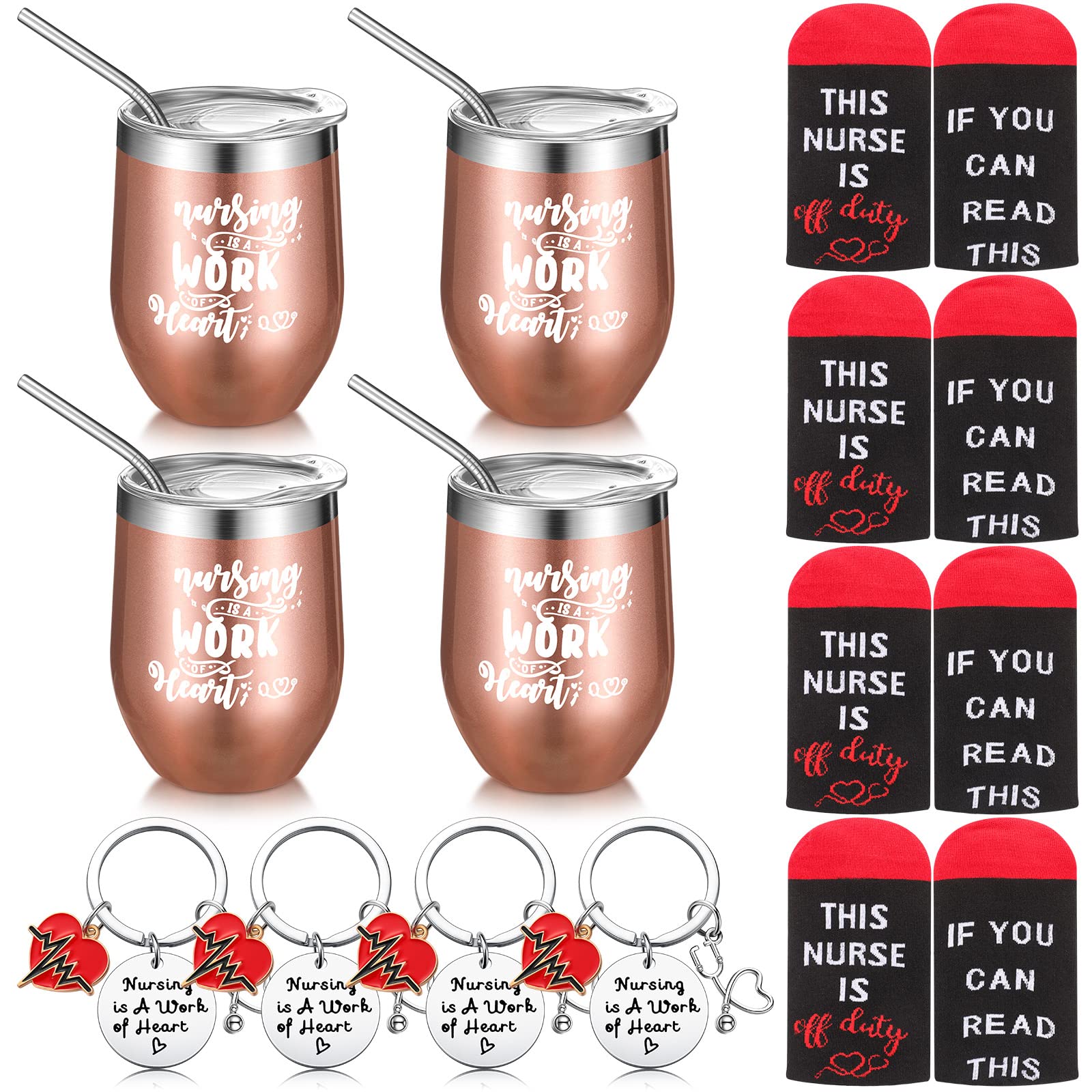 Zubebe 12 Pcs Nurse Appreciation Gifts for Women Nurse Week Gifts Include 4 Nurse Tumbler Mugs 4 Keychains 4 Socks Nurse Practitioner Gifts Nurse Graduation Retirement Gifts(Rose Gold)