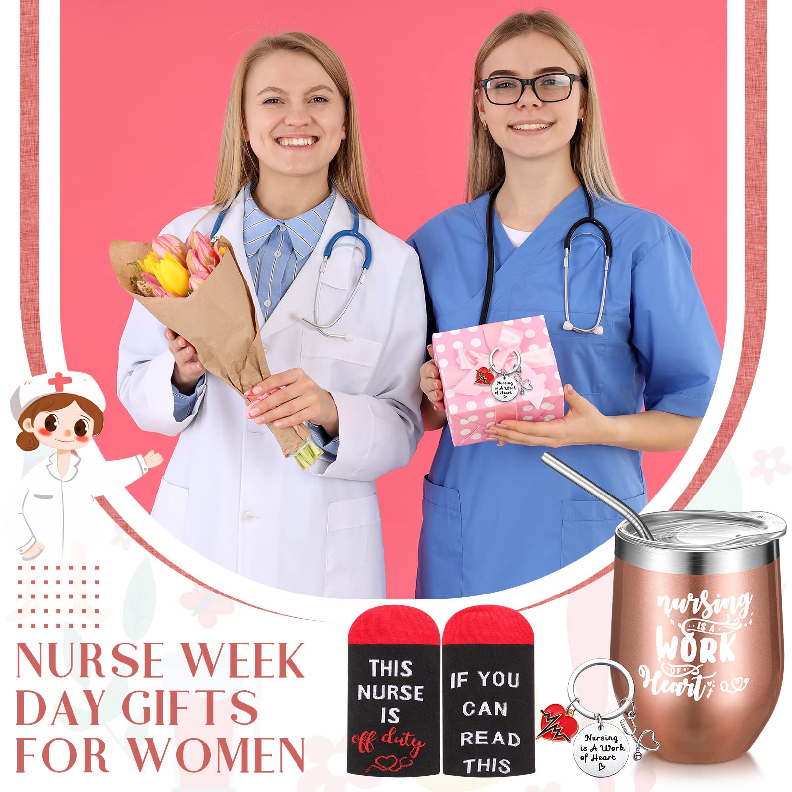 Zubebe 12 Pcs Nurse Appreciation Gifts for Women Nurse Week Gifts Include 4 Nurse Tumbler Mugs 4 Keychains 4 Socks Nurse Practitioner Gifts Nurse Graduation Retirement Gifts(Rose Gold)