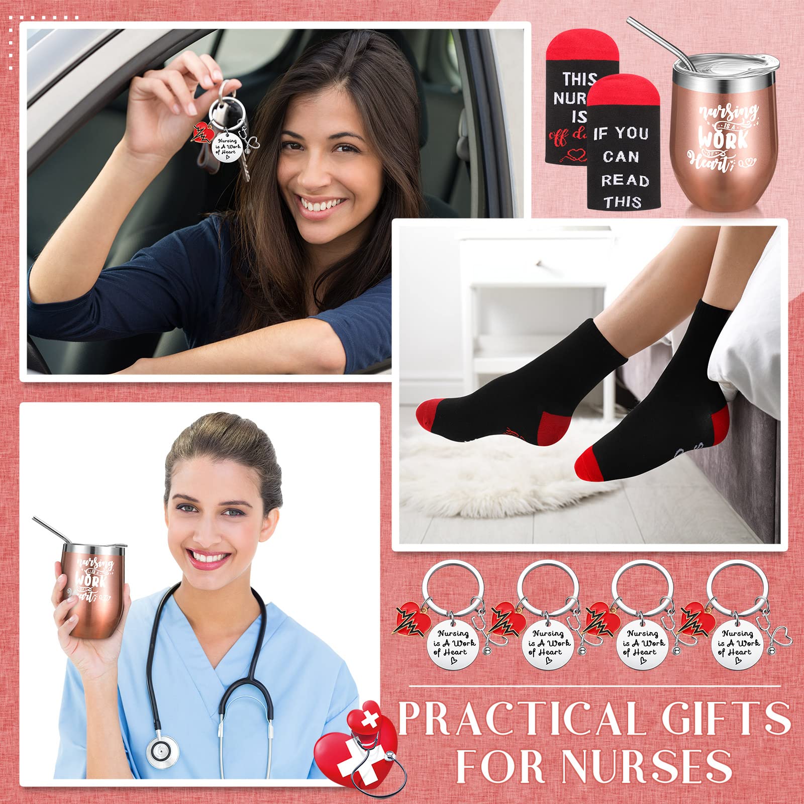 Zubebe 12 Pcs Nurse Appreciation Gifts for Women Nurse Week Gifts Include 4 Nurse Tumbler Mugs 4 Keychains 4 Socks Nurse Practitioner Gifts Nurse Graduation Retirement Gifts(Rose Gold)