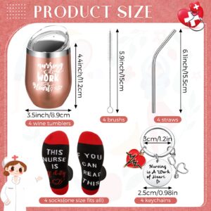 Zubebe 12 Pcs Nurse Appreciation Gifts for Women Nurse Week Gifts Include 4 Nurse Tumbler Mugs 4 Keychains 4 Socks Nurse Practitioner Gifts Nurse Graduation Retirement Gifts(Rose Gold)