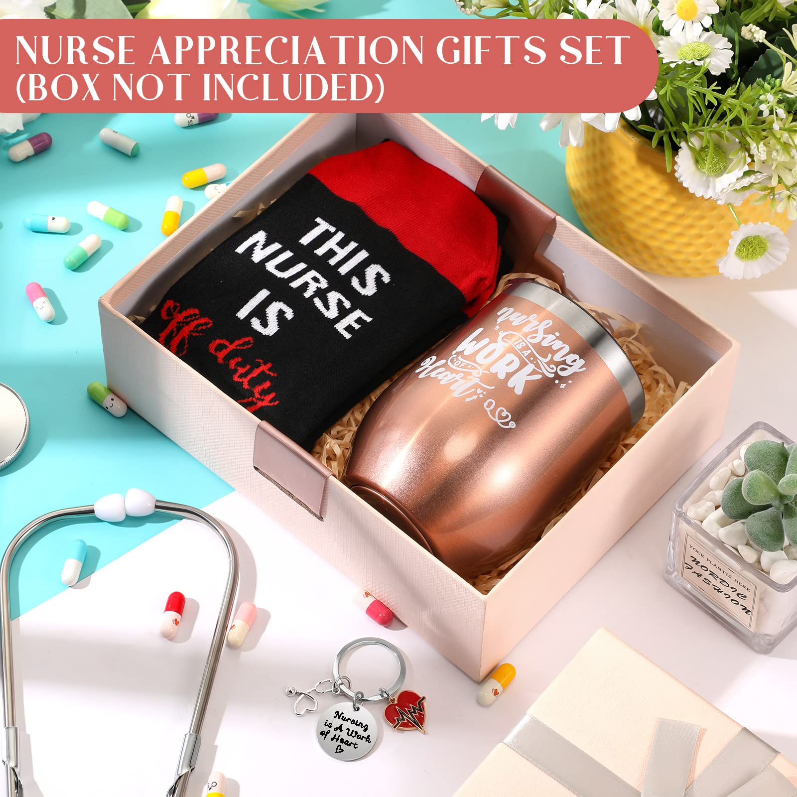 Zubebe 12 Pcs Nurse Appreciation Gifts for Women Nurse Week Gifts Include 4 Nurse Tumbler Mugs 4 Keychains 4 Socks Nurse Practitioner Gifts Nurse Graduation Retirement Gifts(Rose Gold)