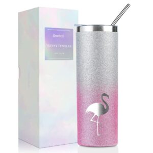 onebttl flamingo skinny glitter tumbler gifts for women, female, her and flamingo lovers - 20oz/590ml stainless steel insulated tumbler with straw, lid, message card - (pink sliver gradient)