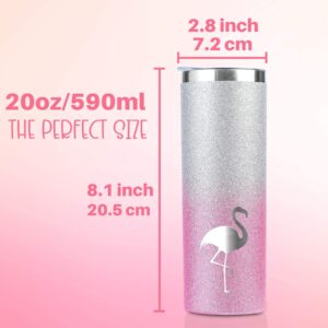 Onebttl Flamingo Skinny Glitter Tumbler Gifts For Women, Female, Her and Flamingo lovers - 20oz/590ml Stainless Steel Insulated Tumbler with Straw, Lid, Message Card - (Pink Sliver Gradient)