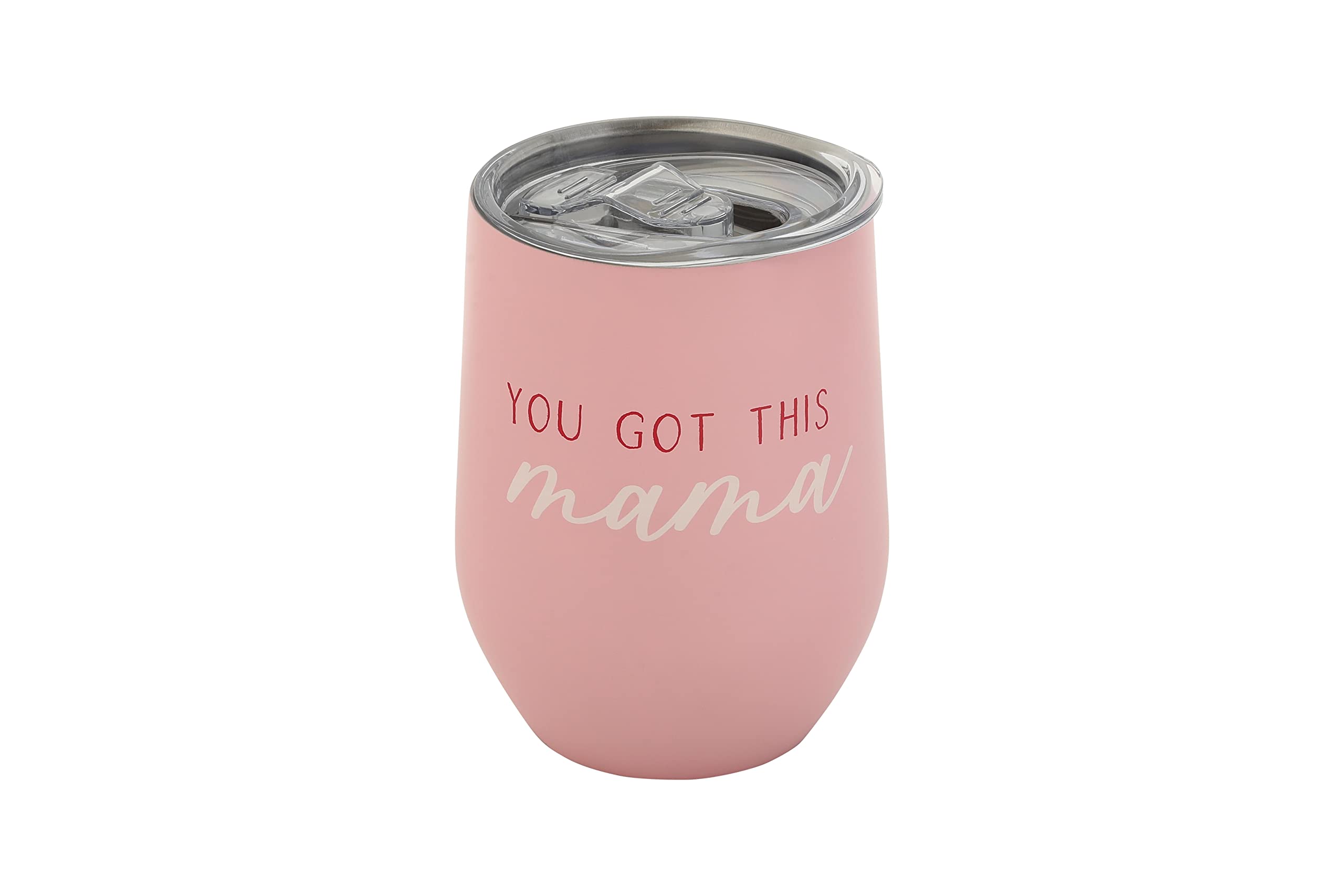 Pearhead You Got This Mama Stainless Steel Wine Tumbler with Press-In and Slide Locking Lid, Cute Motherhood Stemless Wine Glass Tumbler Mug, New Mom Accessory, 12oz