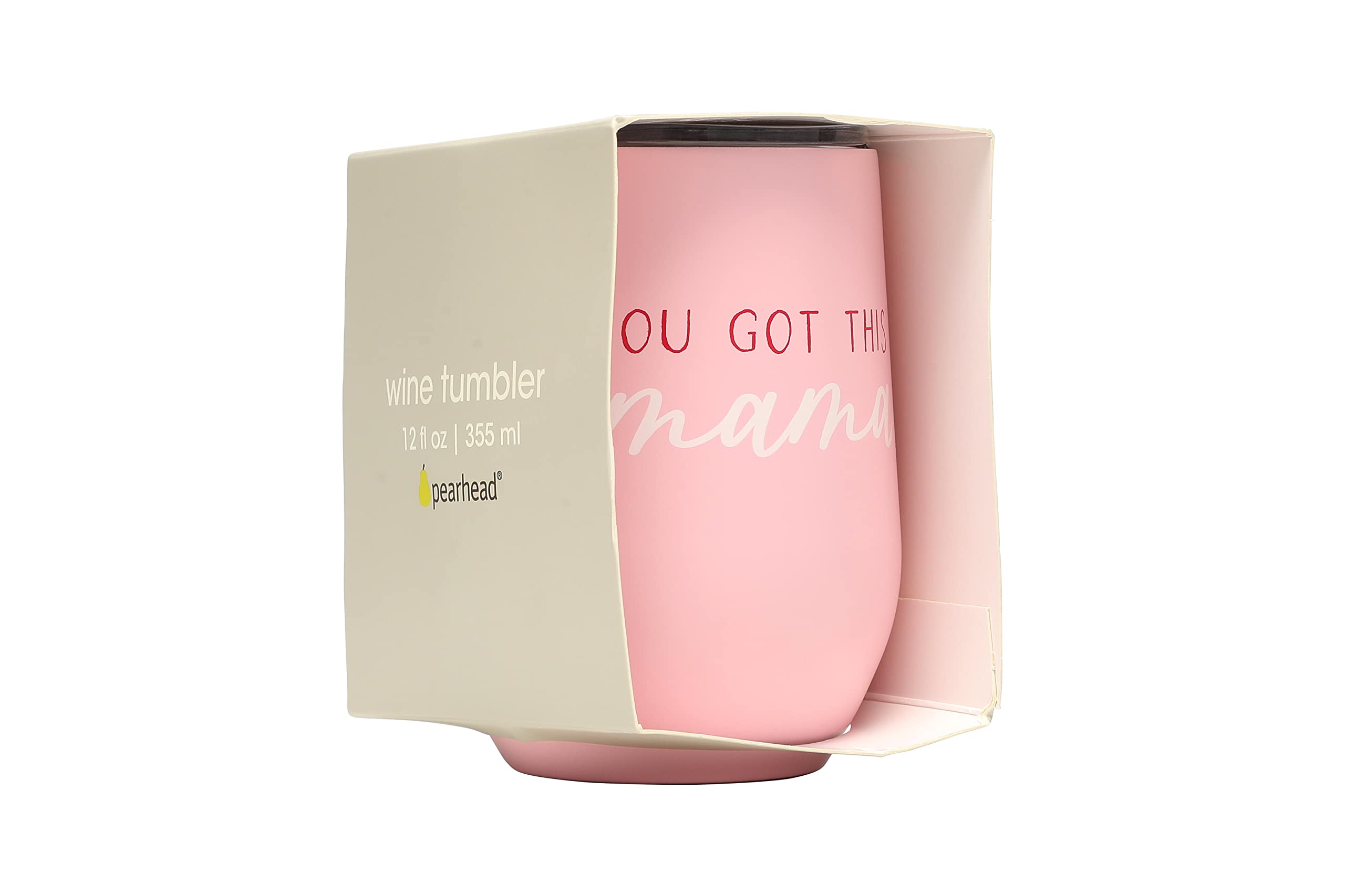 Pearhead You Got This Mama Stainless Steel Wine Tumbler with Press-In and Slide Locking Lid, Cute Motherhood Stemless Wine Glass Tumbler Mug, New Mom Accessory, 12oz