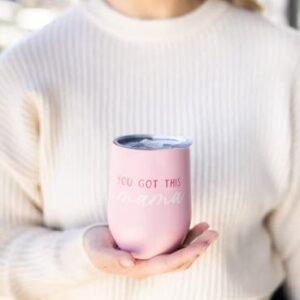 Pearhead You Got This Mama Stainless Steel Wine Tumbler with Press-In and Slide Locking Lid, Cute Motherhood Stemless Wine Glass Tumbler Mug, New Mom Accessory, 12oz