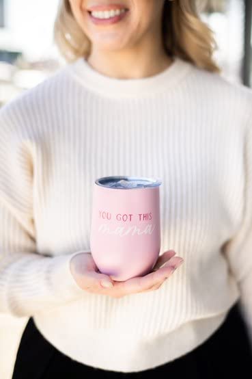 Pearhead You Got This Mama Stainless Steel Wine Tumbler with Press-In and Slide Locking Lid, Cute Motherhood Stemless Wine Glass Tumbler Mug, New Mom Accessory, 12oz