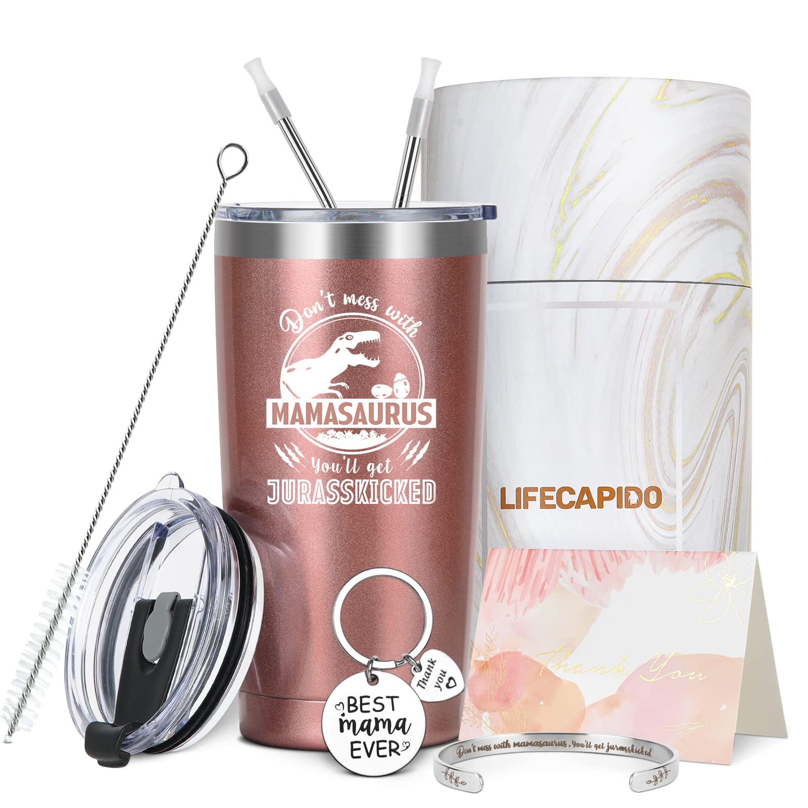 Lifecapido Gifts for Mom - Don't Mess with Mama Saurus 20oz Tumbler, Mamasaurus Insulated Tumbler with Lids - Mom Gifts from Daughter Son for Birthday Christmas Mother's Day, Rose Gold