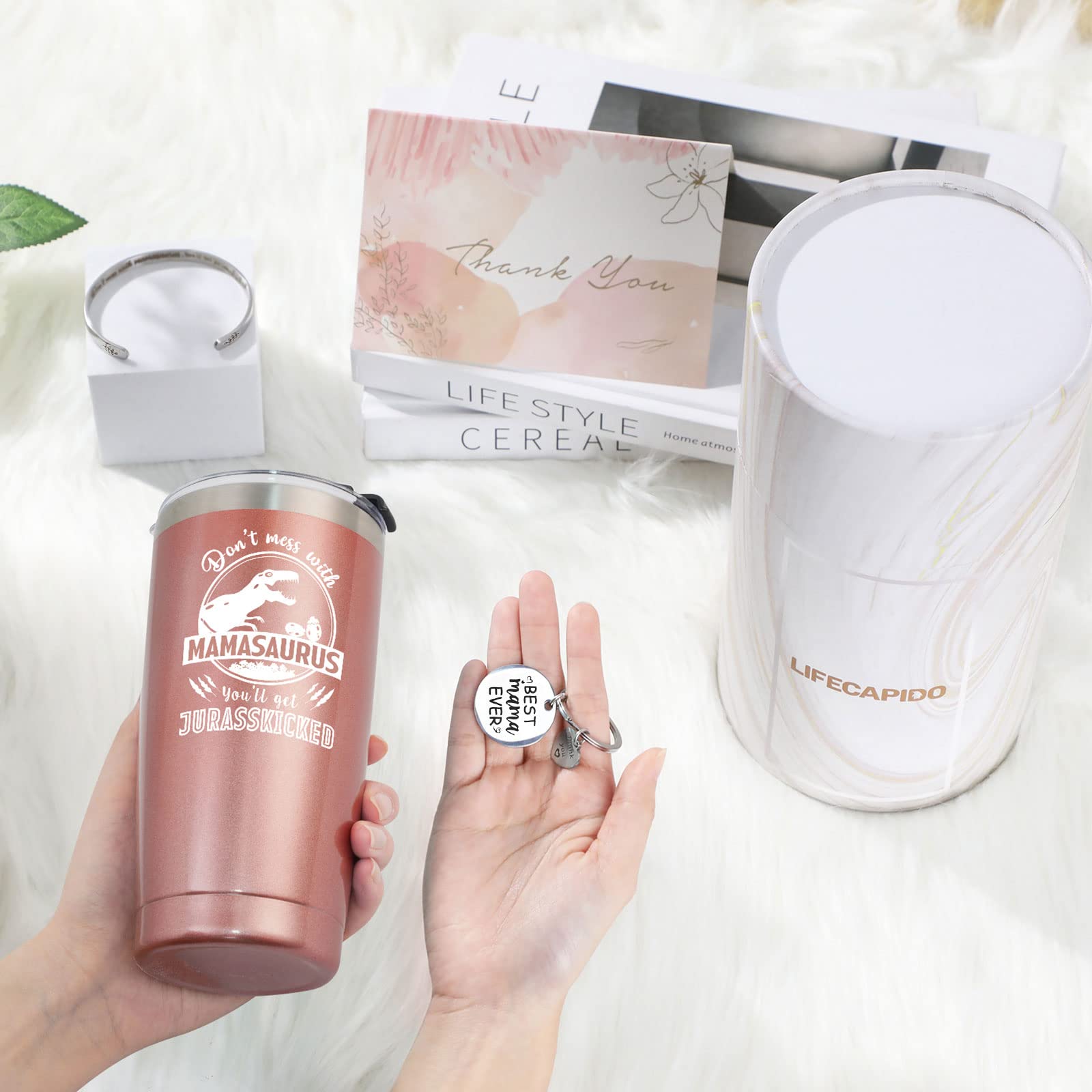 Lifecapido Gifts for Mom - Don't Mess with Mama Saurus 20oz Tumbler, Mamasaurus Insulated Tumbler with Lids - Mom Gifts from Daughter Son for Birthday Christmas Mother's Day, Rose Gold