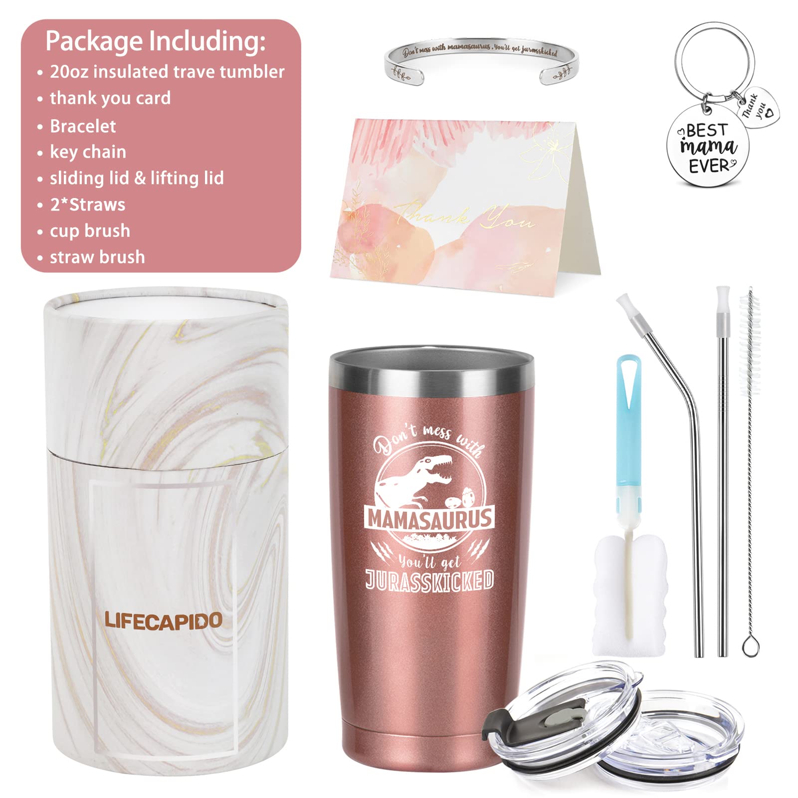 Lifecapido Gifts for Mom - Don't Mess with Mama Saurus 20oz Tumbler, Mamasaurus Insulated Tumbler with Lids - Mom Gifts from Daughter Son for Birthday Christmas Mother's Day, Rose Gold