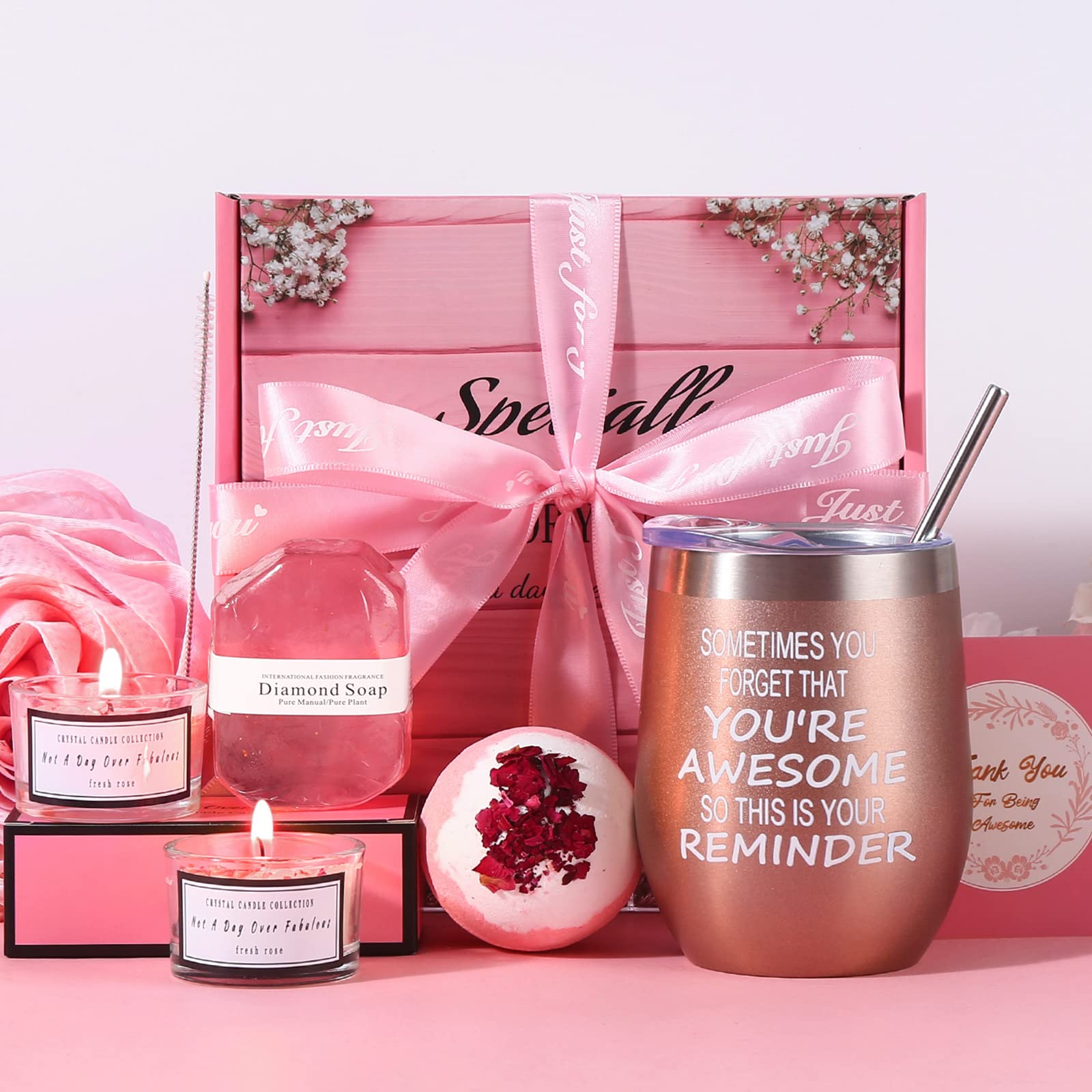 STRJOYNY Valentines Day Birthday Gifts Spa Bath Set Box Gift Wine Tumbler Basket Self Care Mother's Day Presents Gift for Her, Wife, Mom, Sisters, Female, Besties, Friends, Women