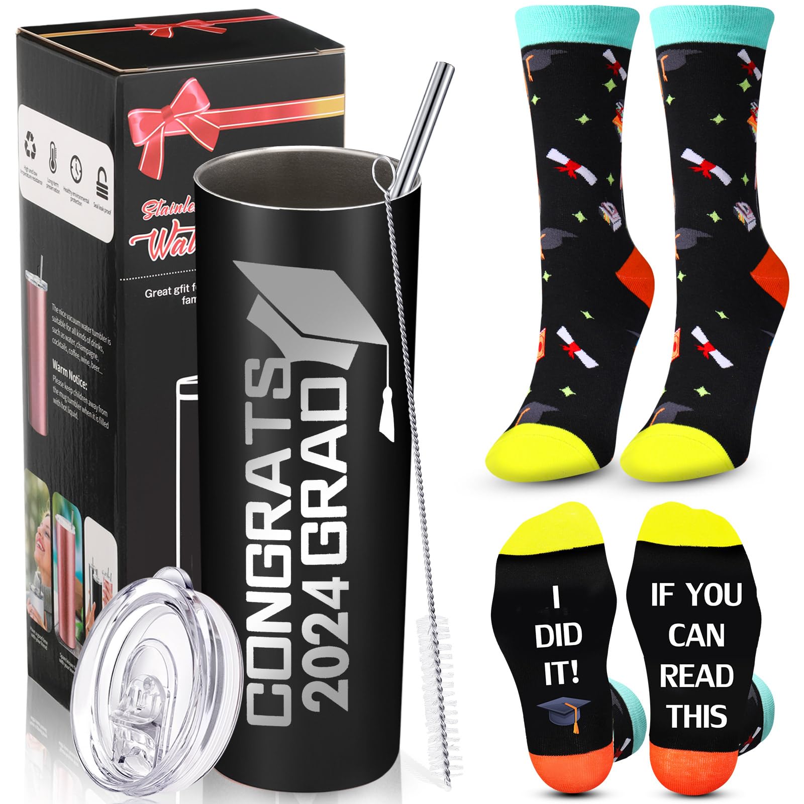 Gerrii Graduation Gifts Set, Congrats 2024 Grad Insulated Stainless Steel 20 oz Tumbler Travel Tumbler Water Mug with Lid Straw Brush and Novelty Saying Socks for College High School Student (Black)