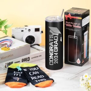 Gerrii Graduation Gifts Set, Congrats 2024 Grad Insulated Stainless Steel 20 oz Tumbler Travel Tumbler Water Mug with Lid Straw Brush and Novelty Saying Socks for College High School Student (Black)