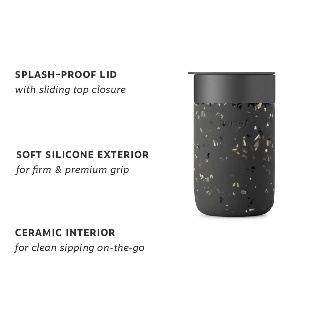 W&P Porter Ceramic Mug w/ Protective Silicone Sleeve, Terrazzo Charcoal 16 Ounces | On-the-Go | Reusable Cup for Coffee or Tea | Portable | Dishwasher Safe