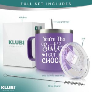 KLUBI Gifts for Best Friend – “You’re the Sister I Got to Choose” 14oz Purple Tumbler Mug -Cute Idea for Friendship, Long Distance, Bestie, Birthday, Present, Female, Hostess, BFF