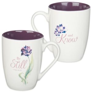 christian art gifts ceramic scripture coffee mug for women 12 oz purple tulip inspirational bible verse mug - be still and know - psalm 46:10 microwave and dishwasher safe comforting coffe mug