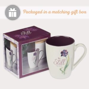 Christian Art Gifts Ceramic Scripture Coffee Mug for Women 12 oz Purple Tulip Inspirational Bible Verse Mug - Be Still and Know - Psalm 46:10 Microwave and Dishwasher Safe Comforting Coffe Mug