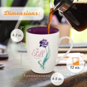 Christian Art Gifts Ceramic Scripture Coffee Mug for Women 12 oz Purple Tulip Inspirational Bible Verse Mug - Be Still and Know - Psalm 46:10 Microwave and Dishwasher Safe Comforting Coffe Mug