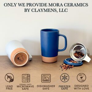 Mora Ceramics Large Tea Mug with Loose Leaf Infuser and Ceramic Lid, 18 oz, Portable, Microwave and Dishwasher Safe, Tall Coffee Cup - Rustic Matte Ceramic Glaze, Modern Herbal Tea Strainer, Deep Blue