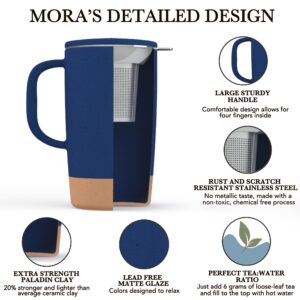 Mora Ceramics Large Tea Mug with Loose Leaf Infuser and Ceramic Lid, 18 oz, Portable, Microwave and Dishwasher Safe, Tall Coffee Cup - Rustic Matte Ceramic Glaze, Modern Herbal Tea Strainer, Deep Blue