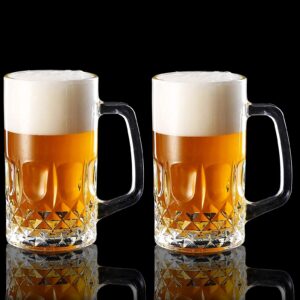 momugs 20 oz beer stein mugs, german clear large tall beer glasses with handle for men, set of 2