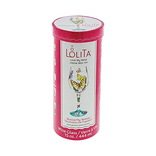 Designs by Lolita “Butterflies” Hand-painted Artisan Wine Glass, 15 oz.