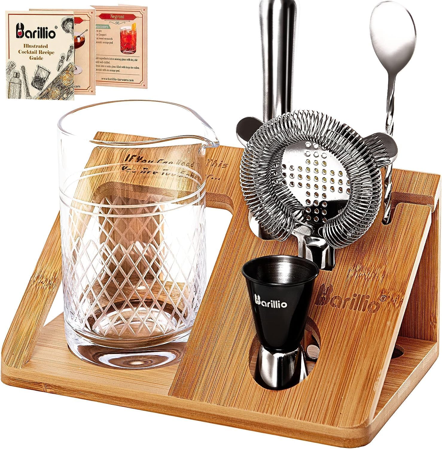 20 Oz Crystal Cocktail Mixing Glass Set with Bamboo Stand by Barillio | Seamless Mixing Pitcher for Stirred Cocktail with Thick Weighted Bottom