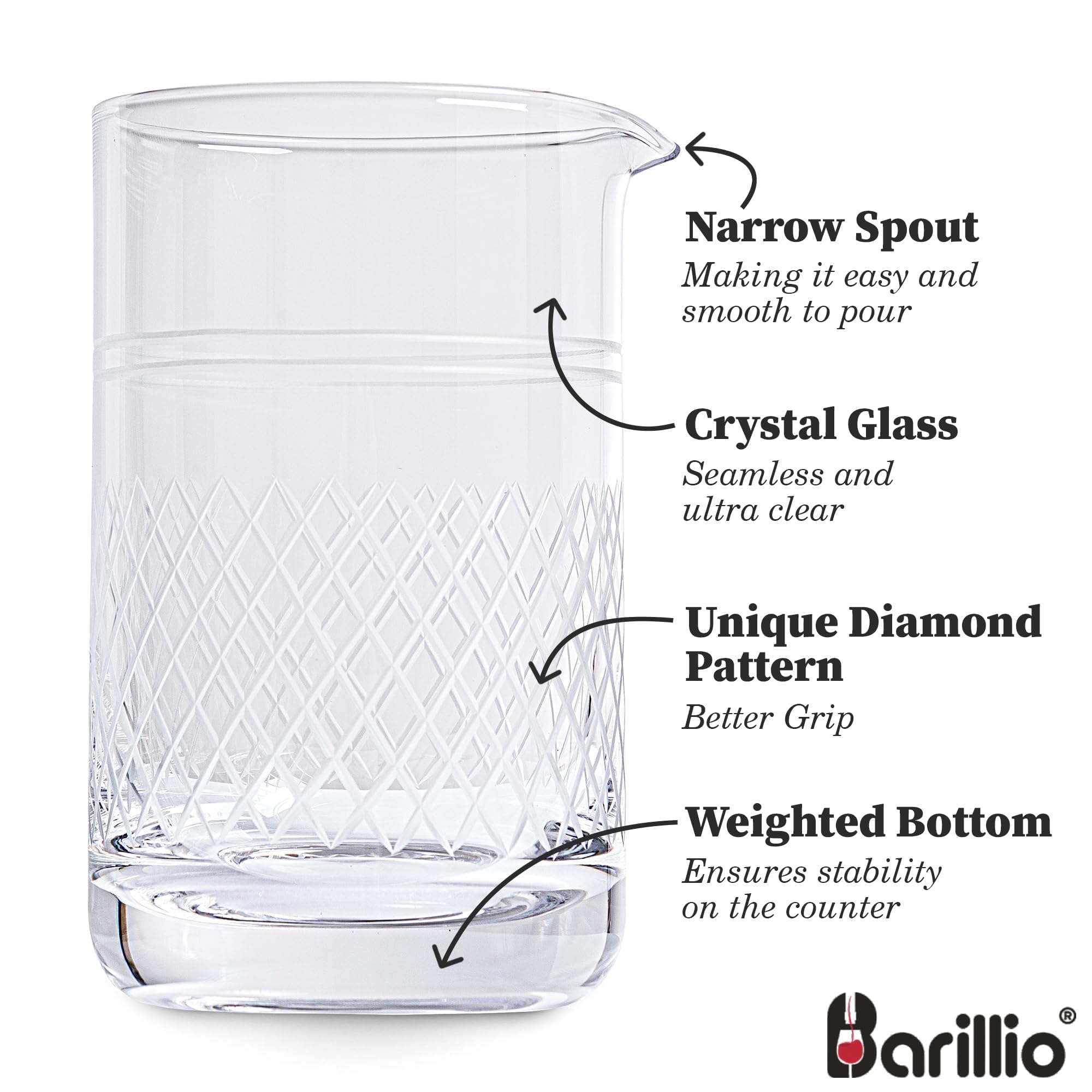 20 Oz Crystal Cocktail Mixing Glass Set with Bamboo Stand by Barillio | Seamless Mixing Pitcher for Stirred Cocktail with Thick Weighted Bottom