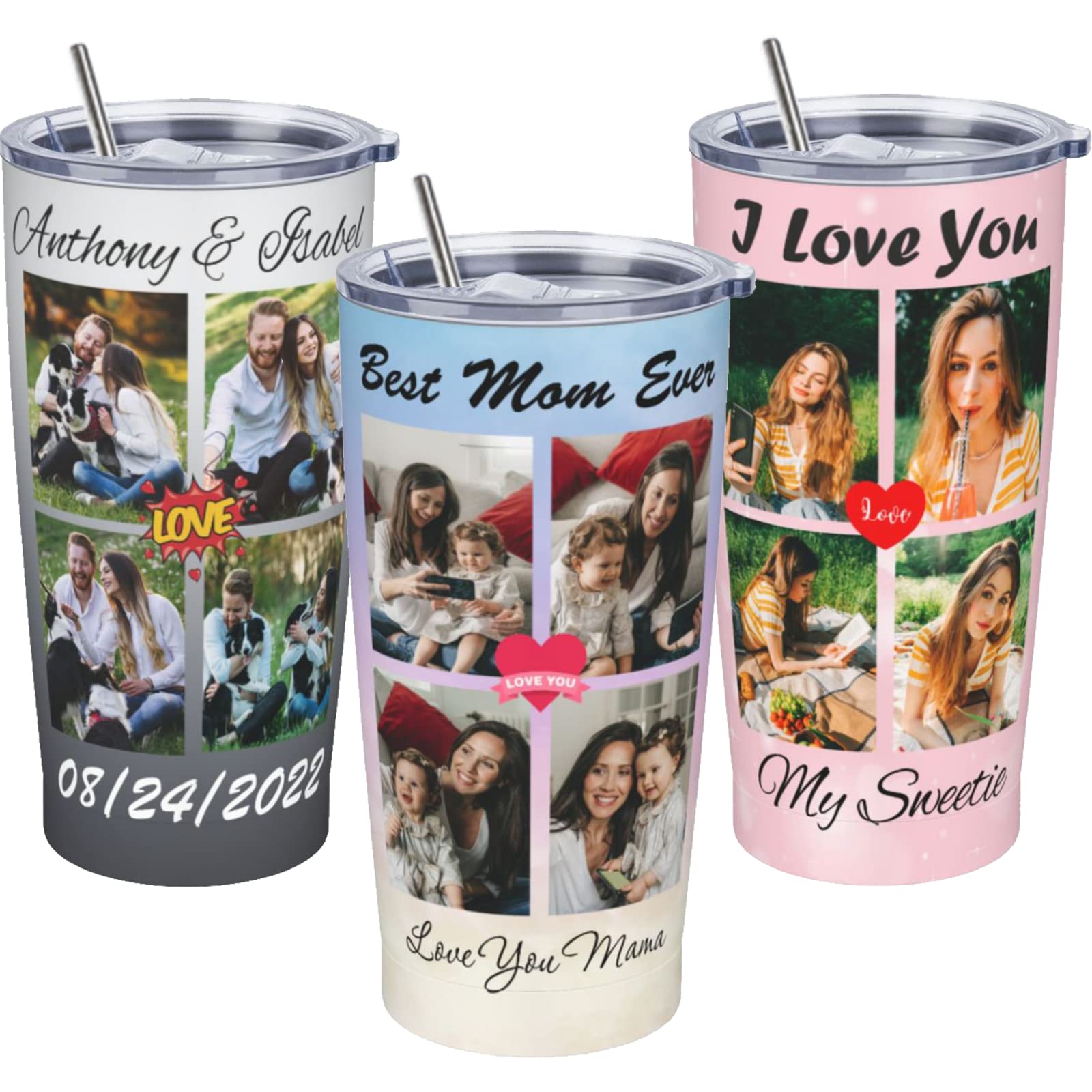 Personalized Tumbler Coffee Mug Custom Mug Cups with Picture Photo Lid and Straw 20oz Customized Mothers Day Birthday Gifts for Men Women Mom Dad