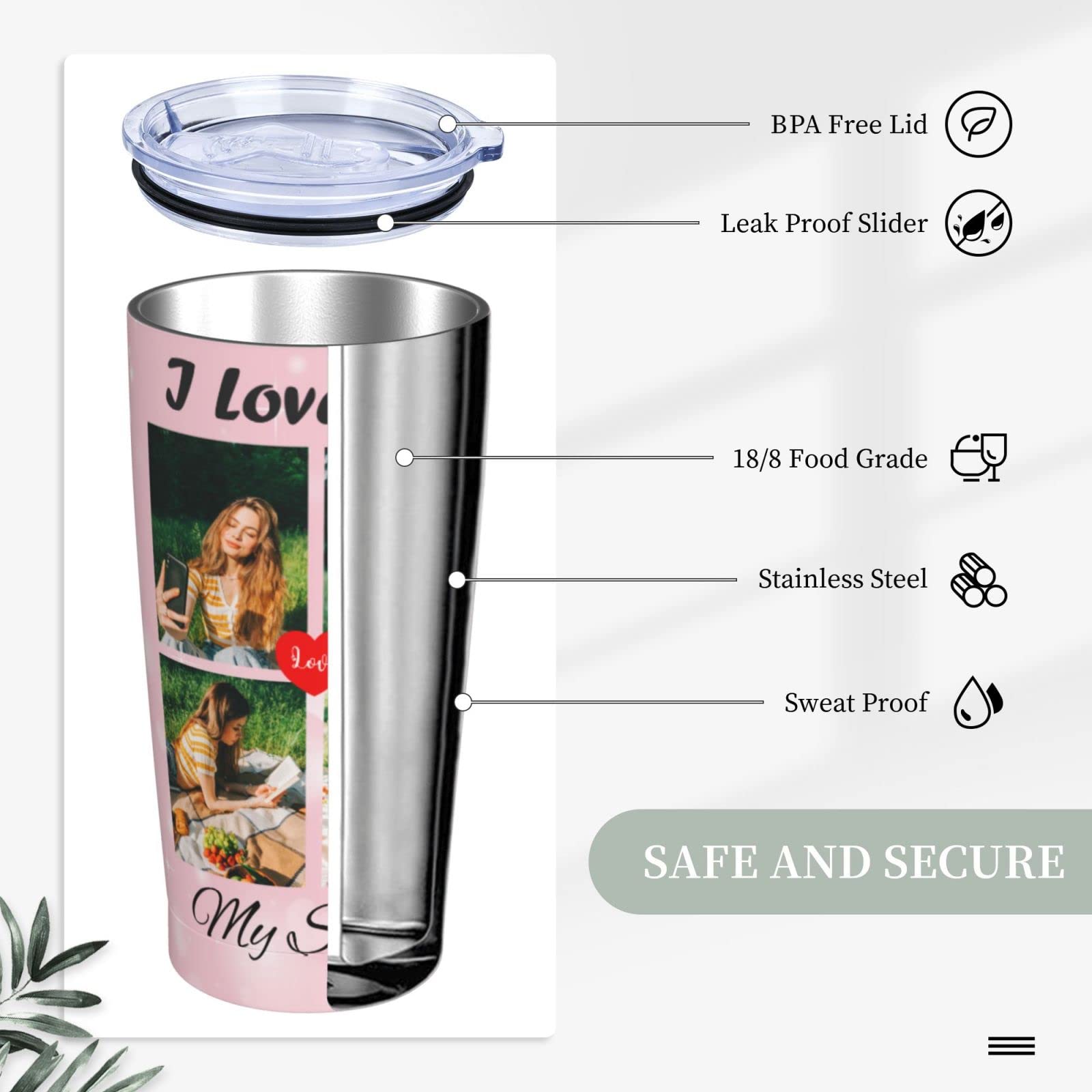 Personalized Tumbler Coffee Mug Custom Mug Cups with Picture Photo Lid and Straw 20oz Customized Mothers Day Birthday Gifts for Men Women Mom Dad