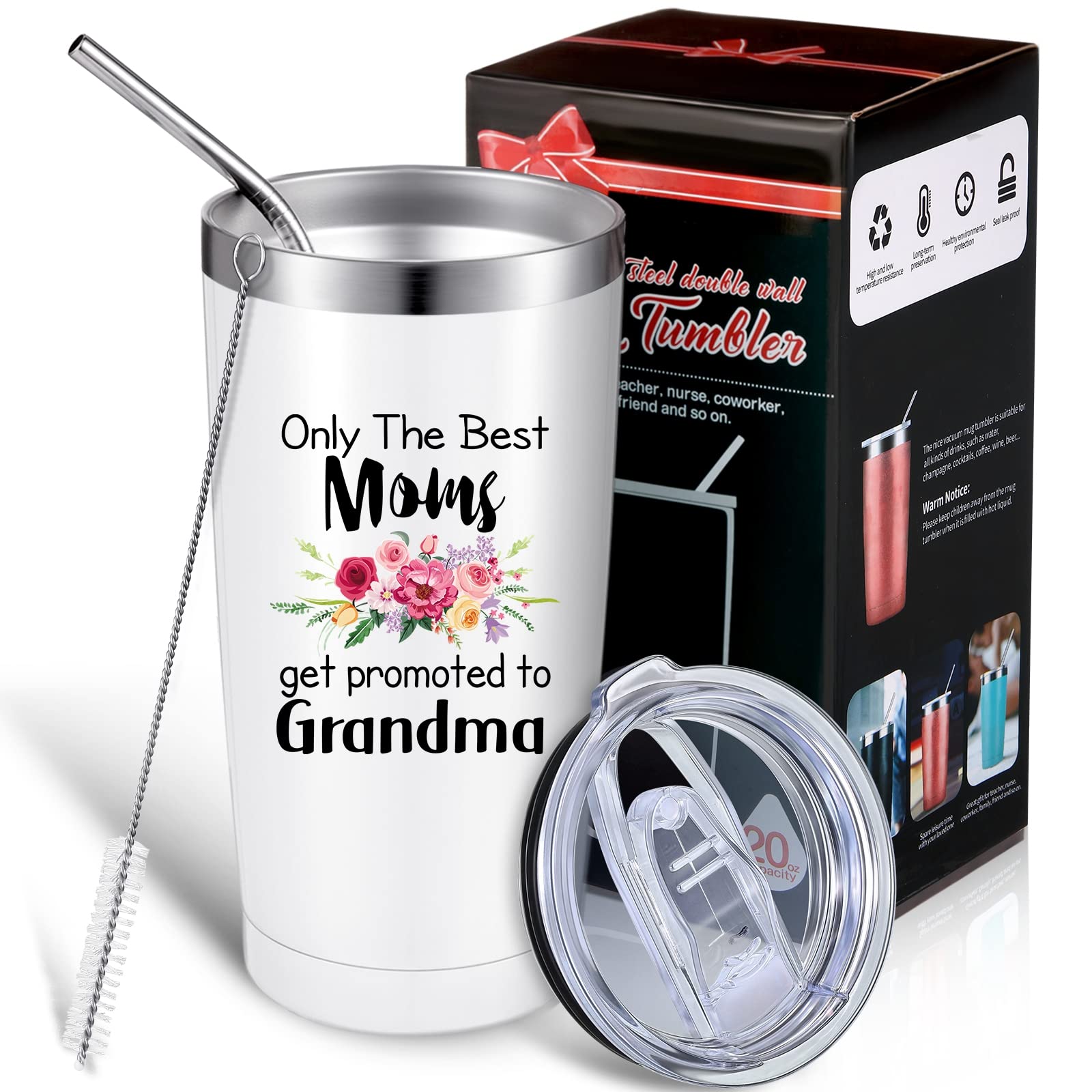 20 oz Grandma Tumbler Grandma Gifts from Granddaughter Grandson Only the Best Moms Get Promoted to Grandma with Gift Box Mother's Day, Birthday, Christmas Gifts for Grandma, Nana (White)