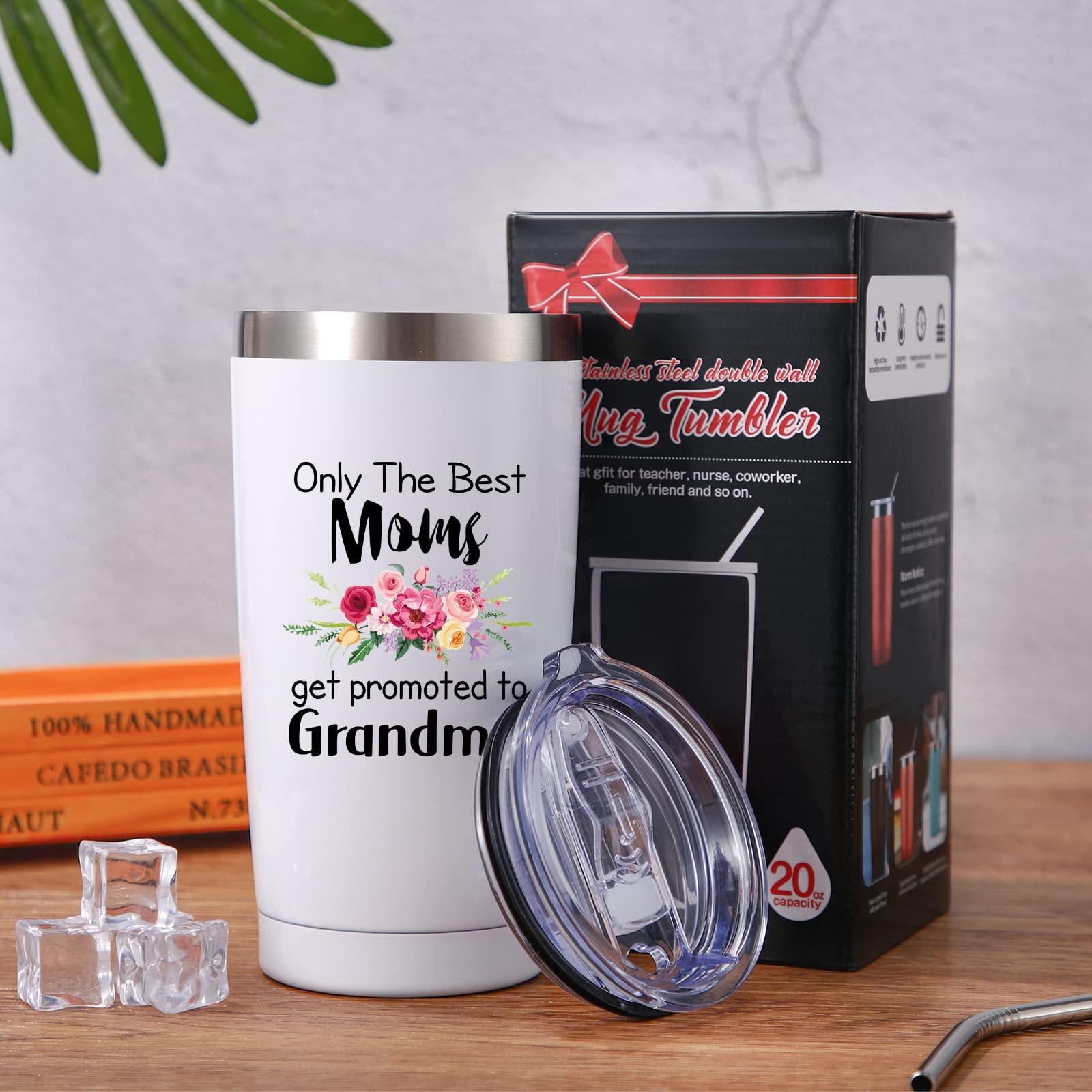 20 oz Grandma Tumbler Grandma Gifts from Granddaughter Grandson Only the Best Moms Get Promoted to Grandma with Gift Box Mother's Day, Birthday, Christmas Gifts for Grandma, Nana (White)