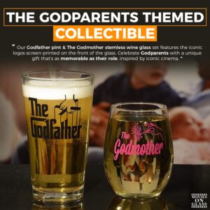 The Godfather & The Godmother Printed Pint & Stemless Wine Glass Set - Officially Licensed, Premium Quality, Handcrafted Glassware - A Collectible Gift for Godparents, Movie Lovers & Special Occasions