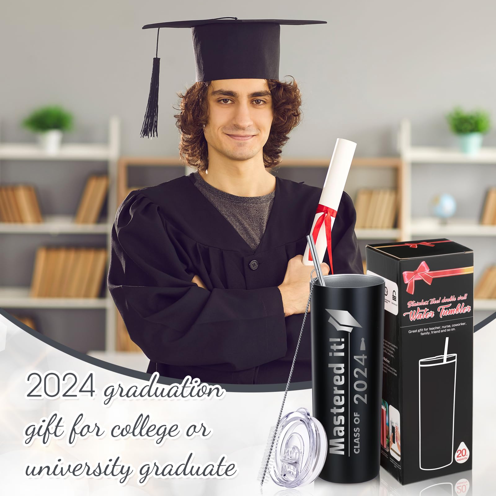 Patelai Graduation Gifts for Mastering Degree, Mastered It 2024 Masters Graduation Coffee Mug for High School College Graduate, 20 oz Water Tumbler with Gift Box Straw and Brush (Black,1 Pc)