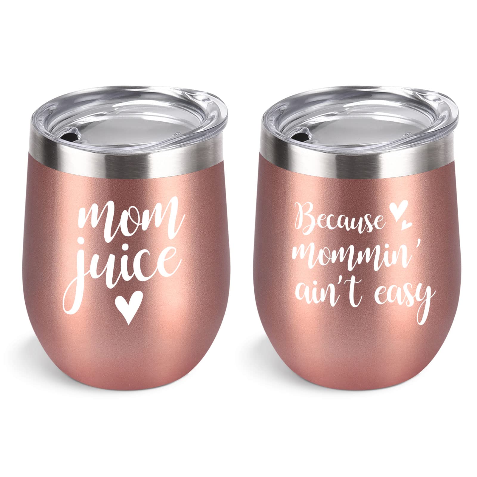 GINGPROUS Mom Gifts, 2 Pack Mom Juice&Because Mommin Ain’t Easy Wine Tumbler, Mother’s Day Birthday Christmas Gifts for Mother Mom Mama Mommy, 12oz Stainless Steel Insulated Wine Tumbler, Rose Gold